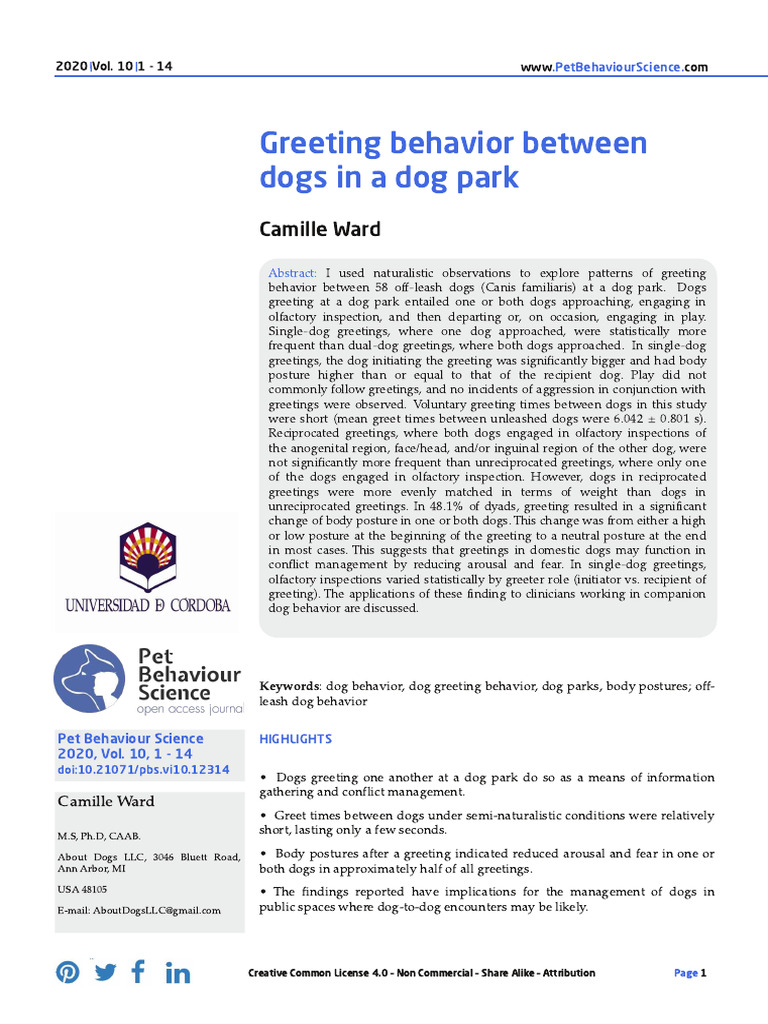 Camille Ward 2022 Pet Behaviour Science - Greeting behavior between dogs in a dog park | PDF