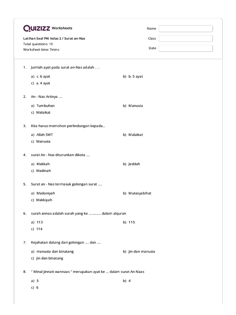 Latihan Soal PAI Kelas 2 - Surat An-Nas | PDF