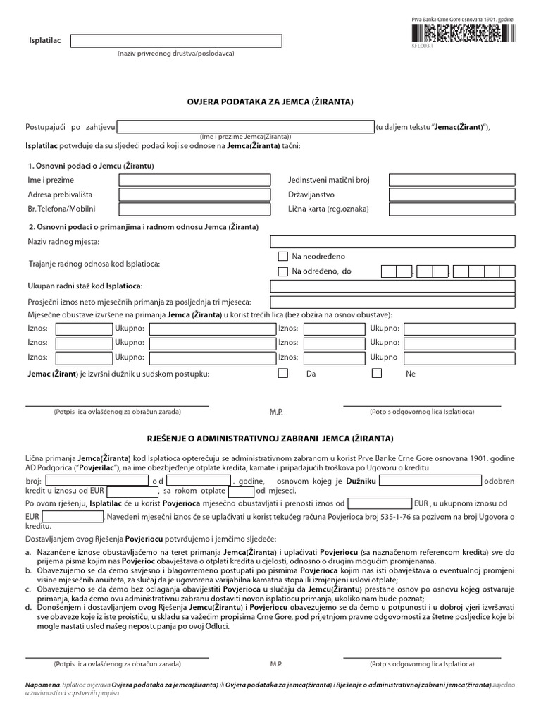 Potvrda I Admin Zabrana Za Jemca (Ziranta) | PDF