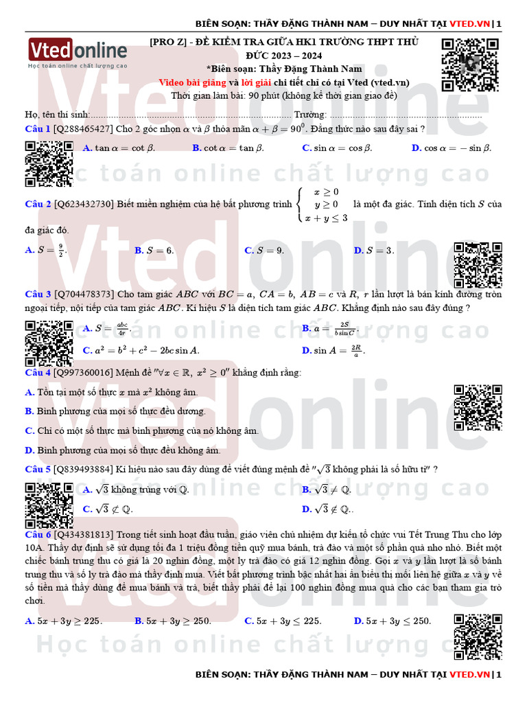 (PRO Z) - Đề kiểm tra giữa HK1 trường THPT Thủ Đức 2023 - 2024 | PDF