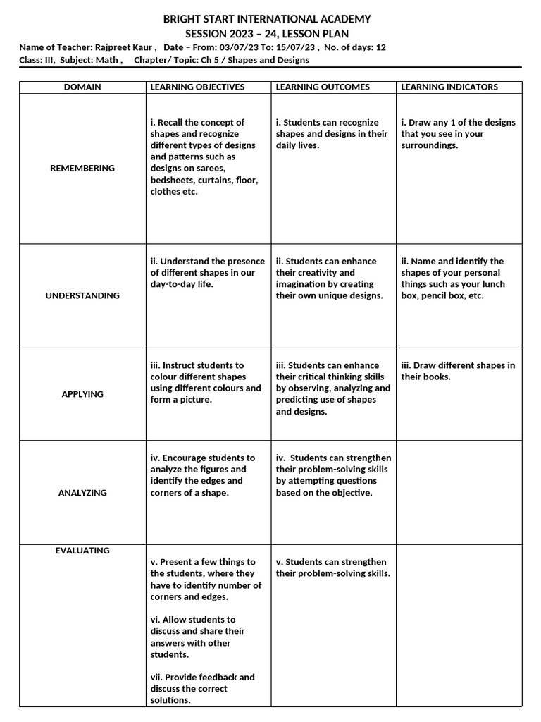 July Lesson Plan Class 3 | PDF