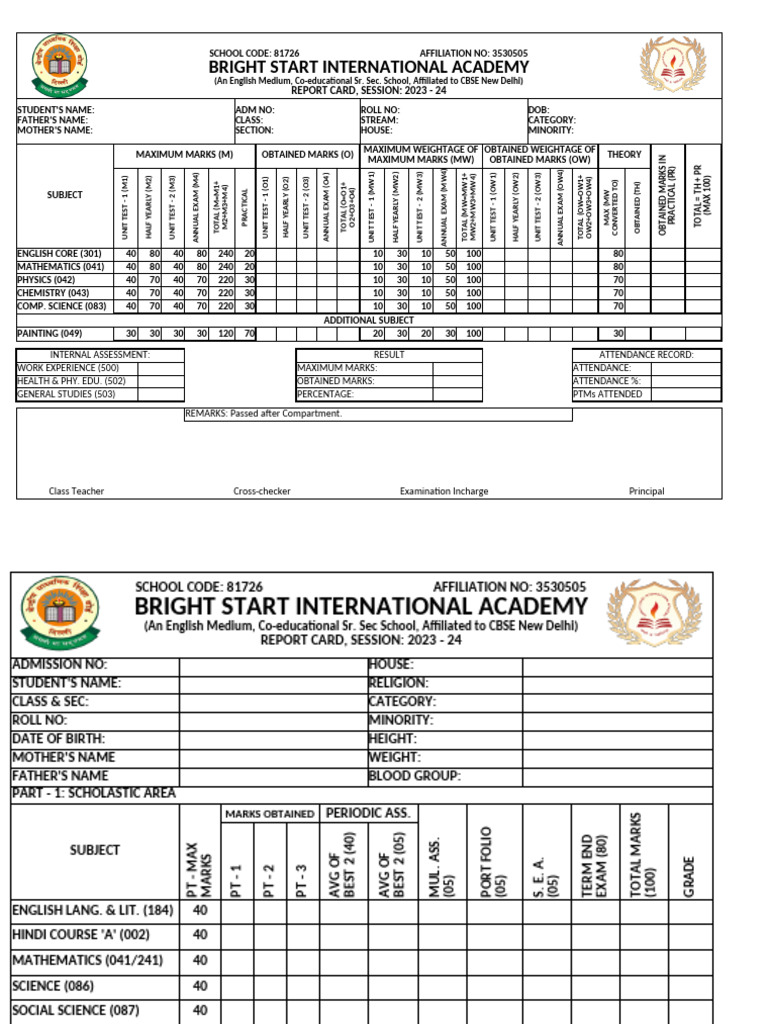Class XI Report Card Format 2023 - 24 | PDF
