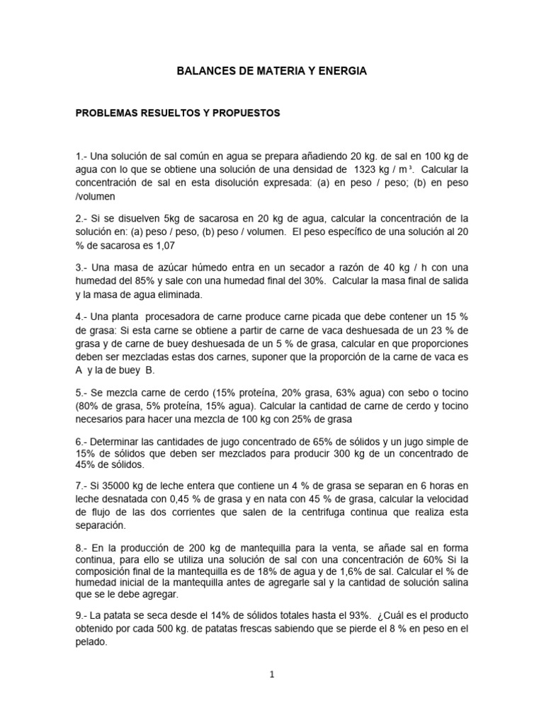 Problemas Propuestos de Balance de Materia y Energia. | PDF | Carne | Agua