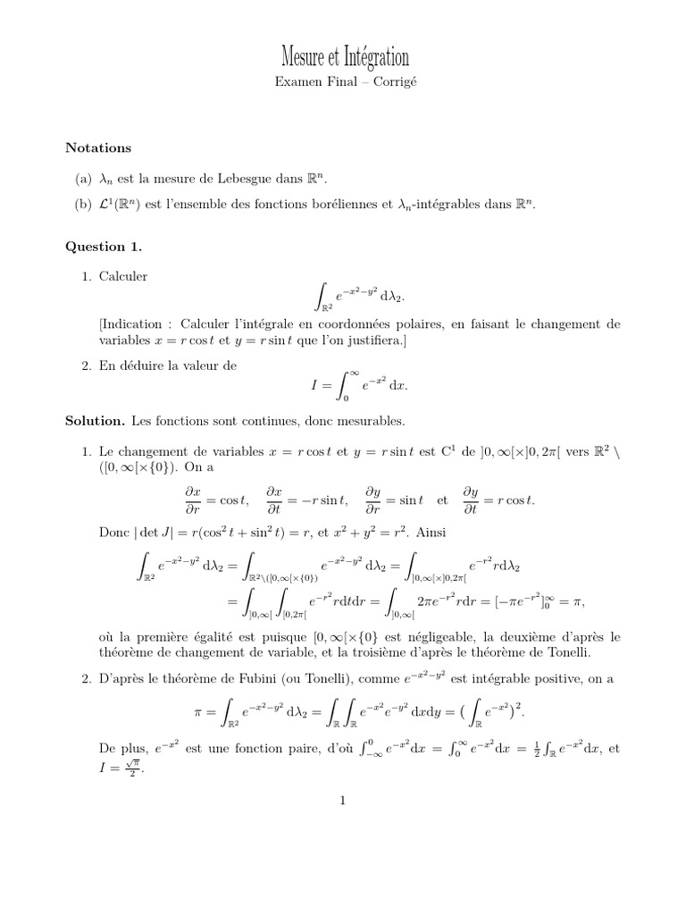 Examen Corrigé 2 Théorie de La Mesure Et de L'intégration | PDF