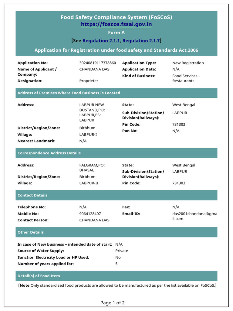 Fssai Registration | PDF