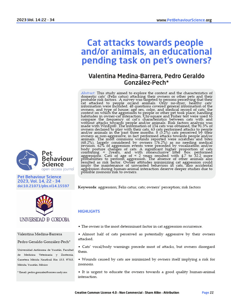Valentiona Medina-Barrera 2023 Pet Behaviour Science - Cat Attacks Towards People And:or Animals ...