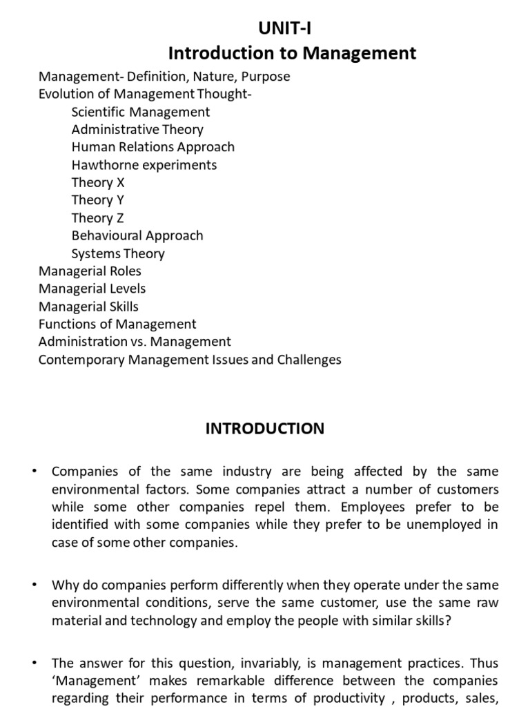 Unit-I Introduction to Management - Notes | PDF