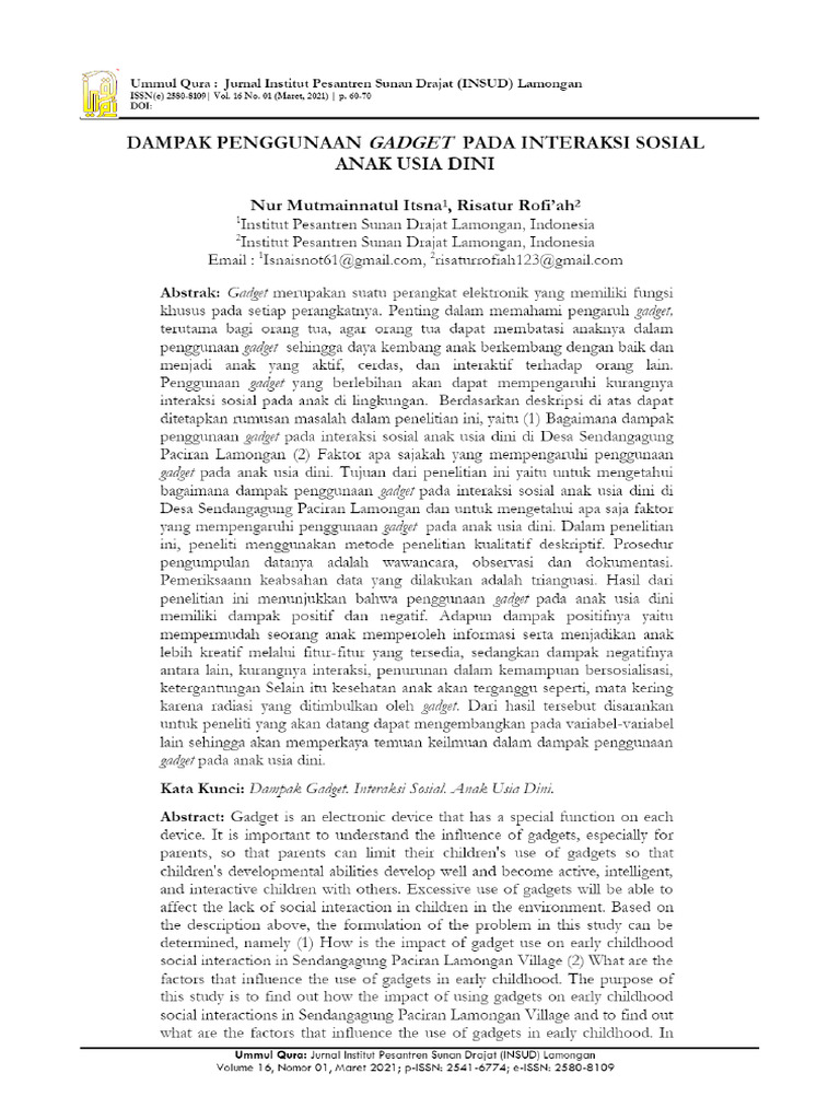 Dampak Penggunaan Gadget Pada Interaksi Sosial Anak Usia Dini | PDF