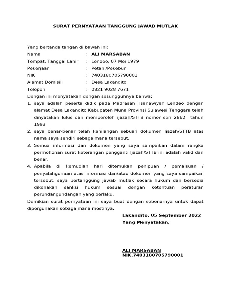 Surat Pernyataan Tanggung Jawab Mutlak | PDF