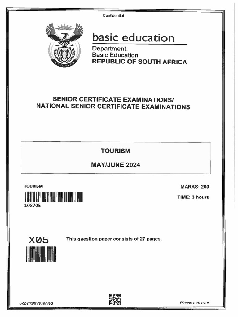 Grade 12 NSC Exmination Tourism P1 (English) June 2024 Question Paper | PDF
