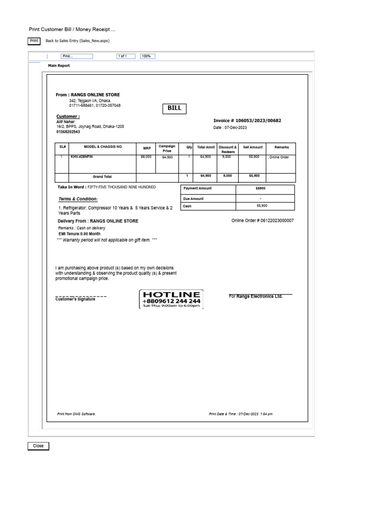 Print Customer Bill / Money Receipt ... : From: Rangs Online Store | PDF