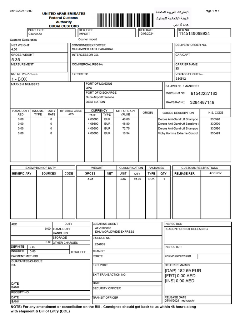 Cif Local Value AED: With Shipment & Bill of Entry (BOE) | PDF