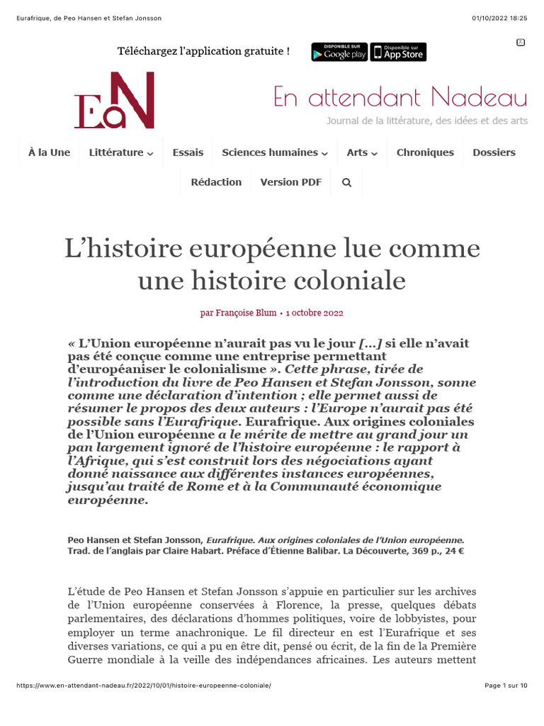 Eurafrique, de Peo Hansen Et Stefan Jonsson | PDF