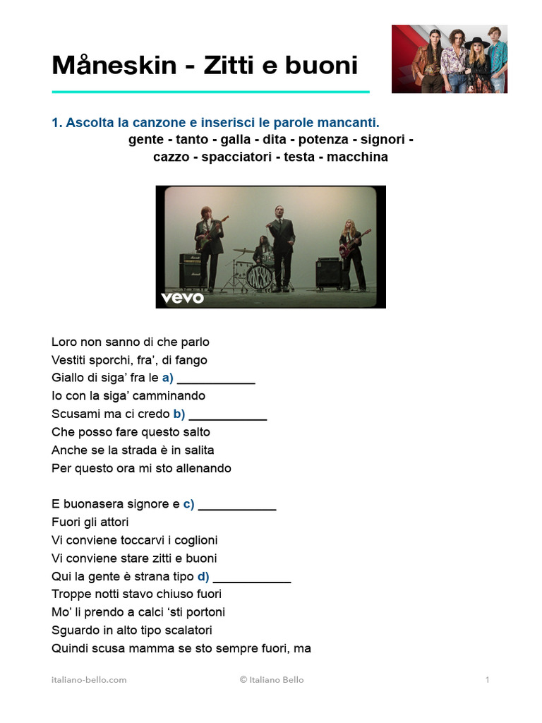 Maneskin Zitti e Buoni Esercizi Inglese | PDF