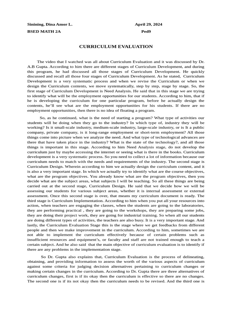 Dina - Curriculum Evaluation | PDF | Curriculum | Evaluation