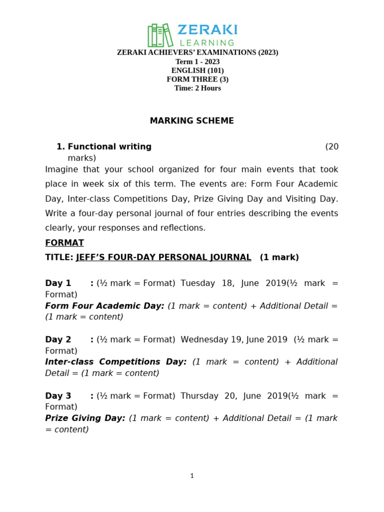 English Form 3 - Marking Scheme | PDF