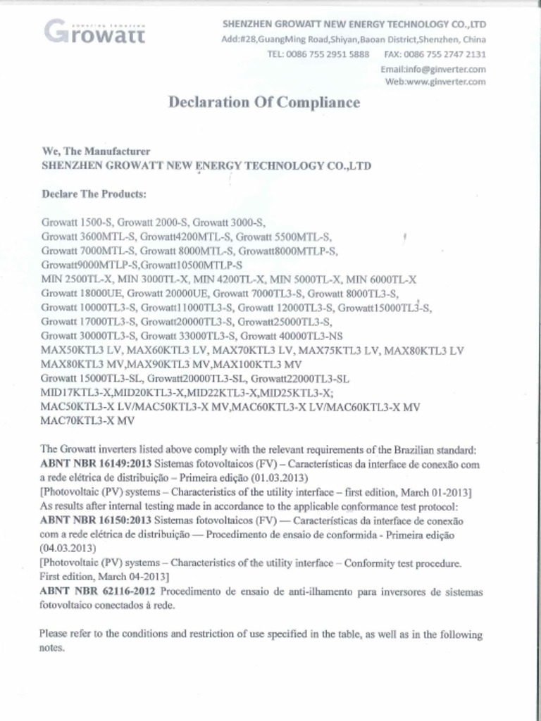 Certificado IEC 62116 Growatt 15 To 100 KW | PDF