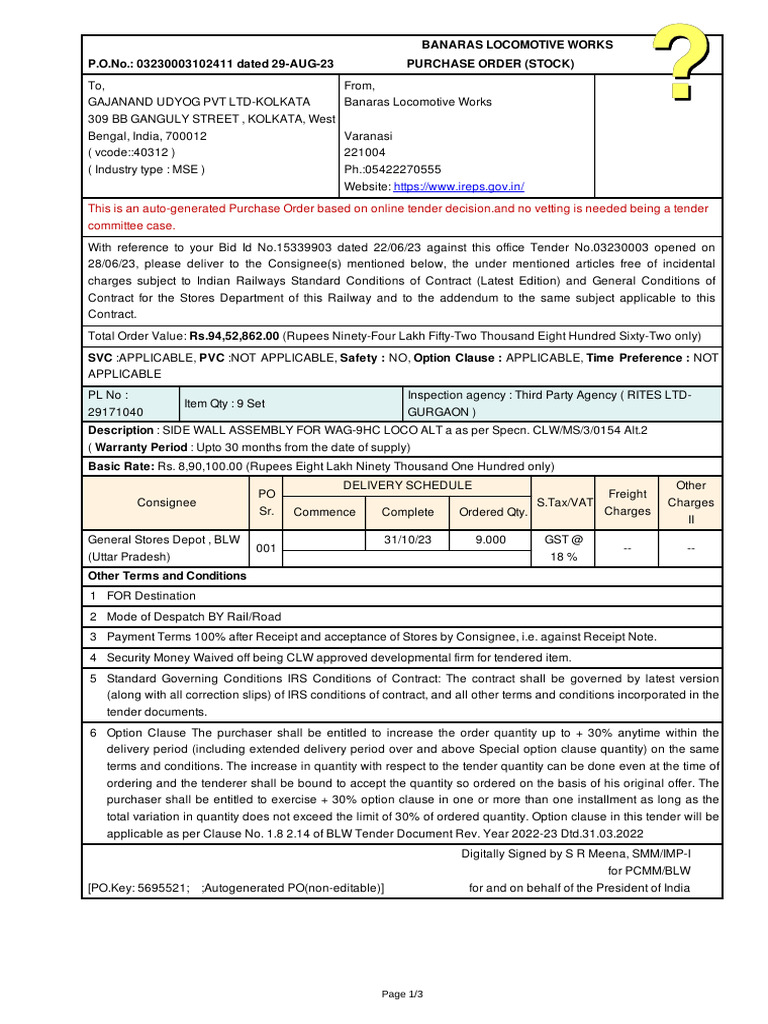This Is An Auto-Generated Purchase Order Based On Online Tender ...