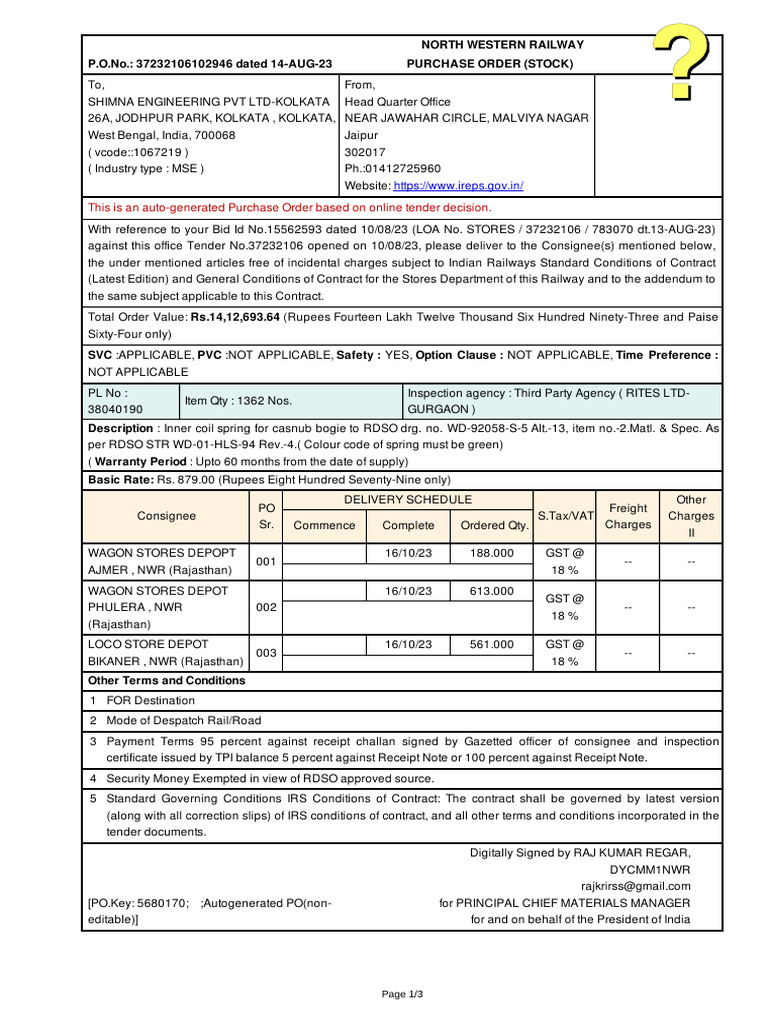 This Is An Auto-Generated Purchase Order Based On Online Tender Decision | PDF | Value Added Tax ...