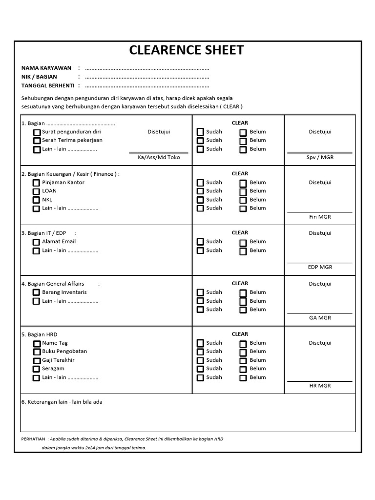 Clearence Sheet | PDF