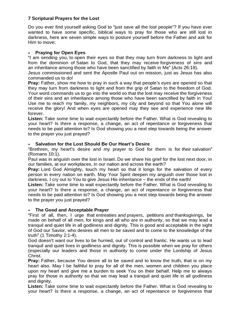 7 Scriptural Prayers For The Lost | PDF | Jesus | Salvation