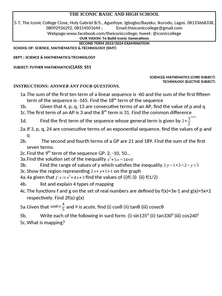 2ND Term Further Mathematics Questions | PDF