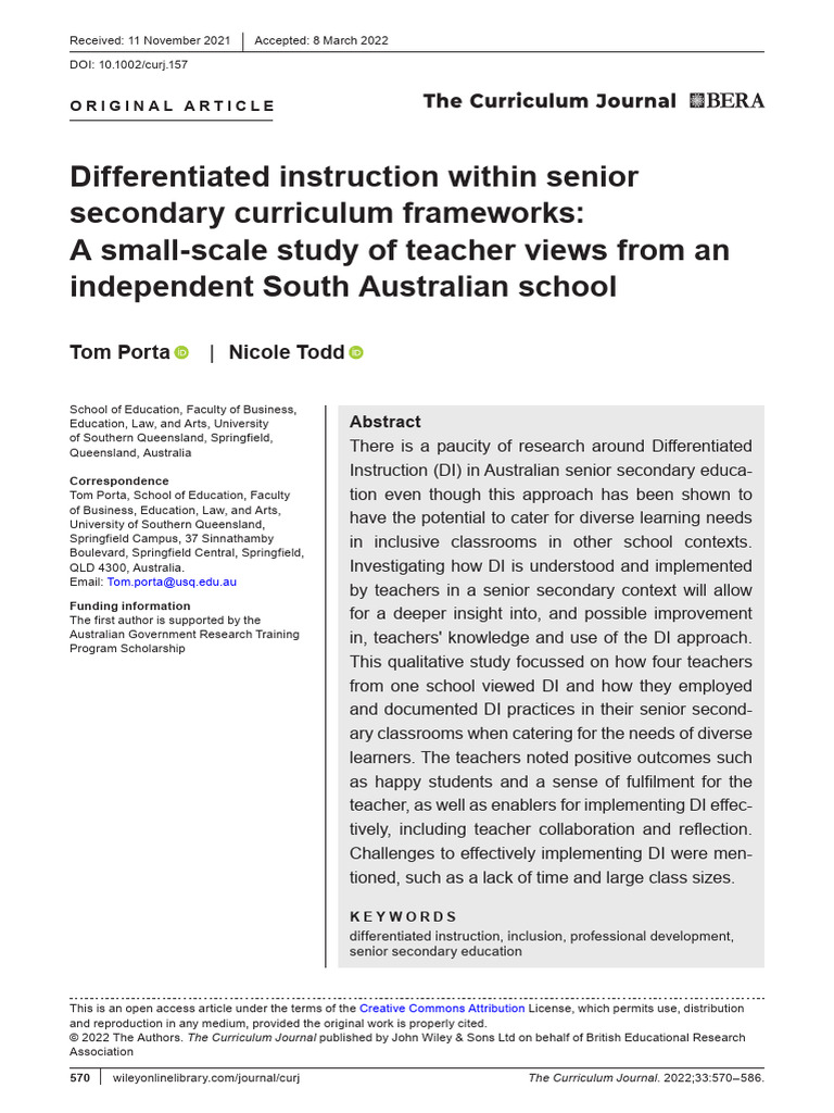 The Curriculum Journal - 2022 - Porta - Differentiated Instruction ...