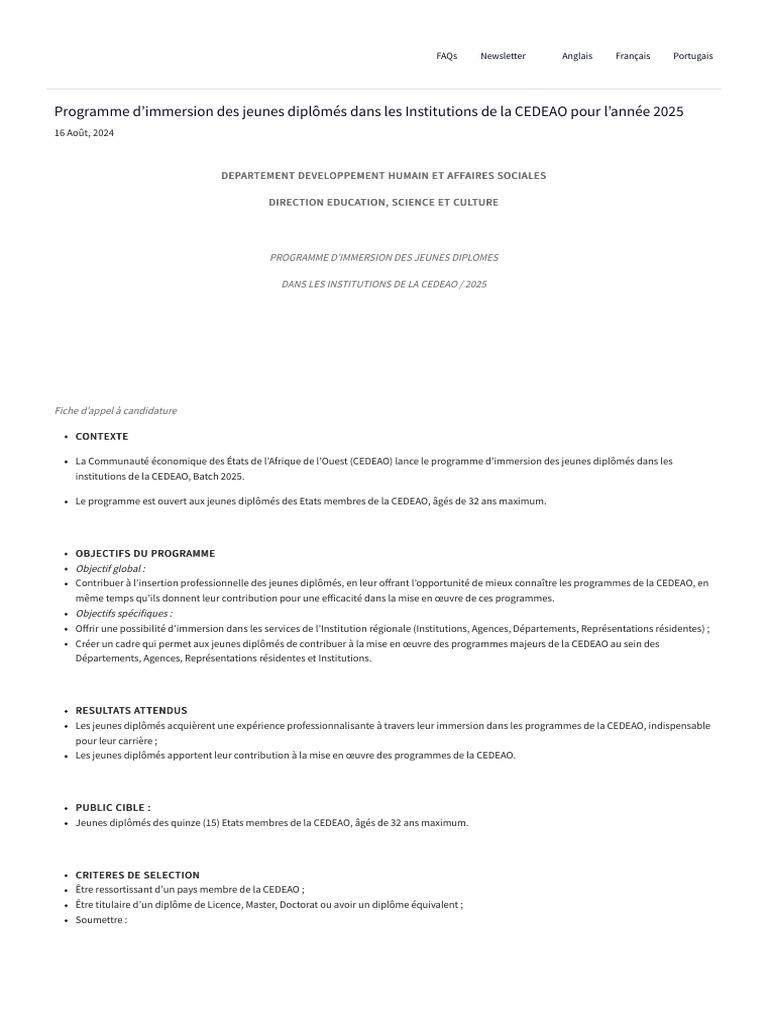 Programme D'immersion Des Jeunes Diplômés Dans Les Institutions de La ...