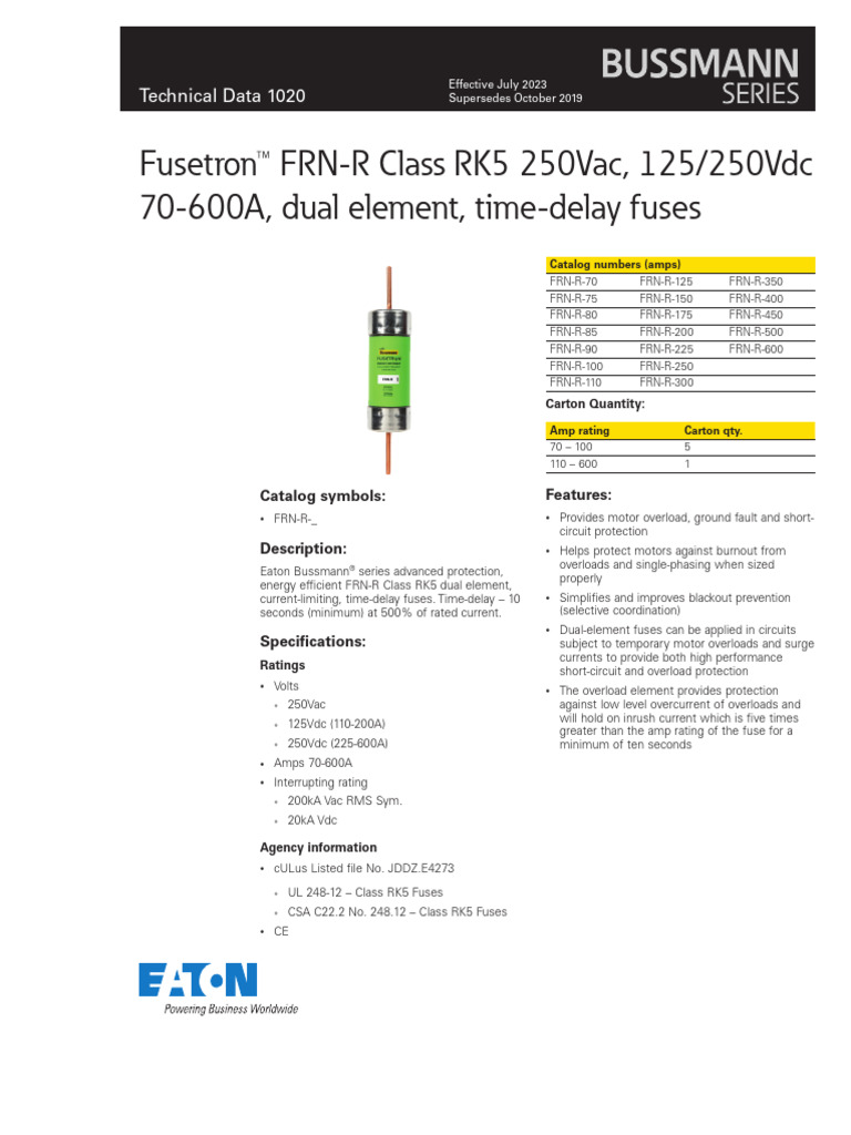 Fusetron™ FRN-R Class RK5 250vac, 125/250Vdc 70-600A, Dual Element ...