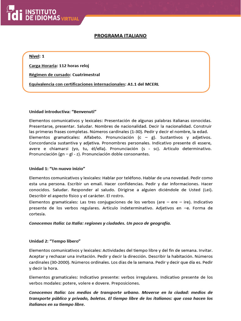 Programas IDI Por Niveles | PDF | Verbo | Estudios de idiomas extranjeros