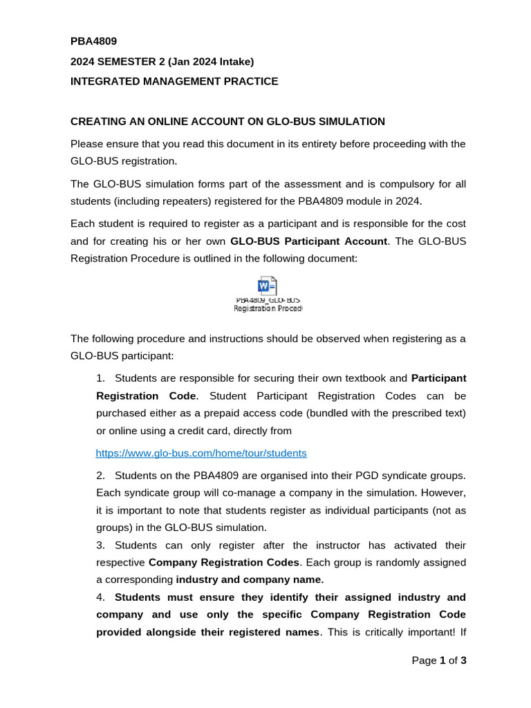 PBA4809 - 2024 - S2 - GLO-BUS - Creating A Participant Account | PDF