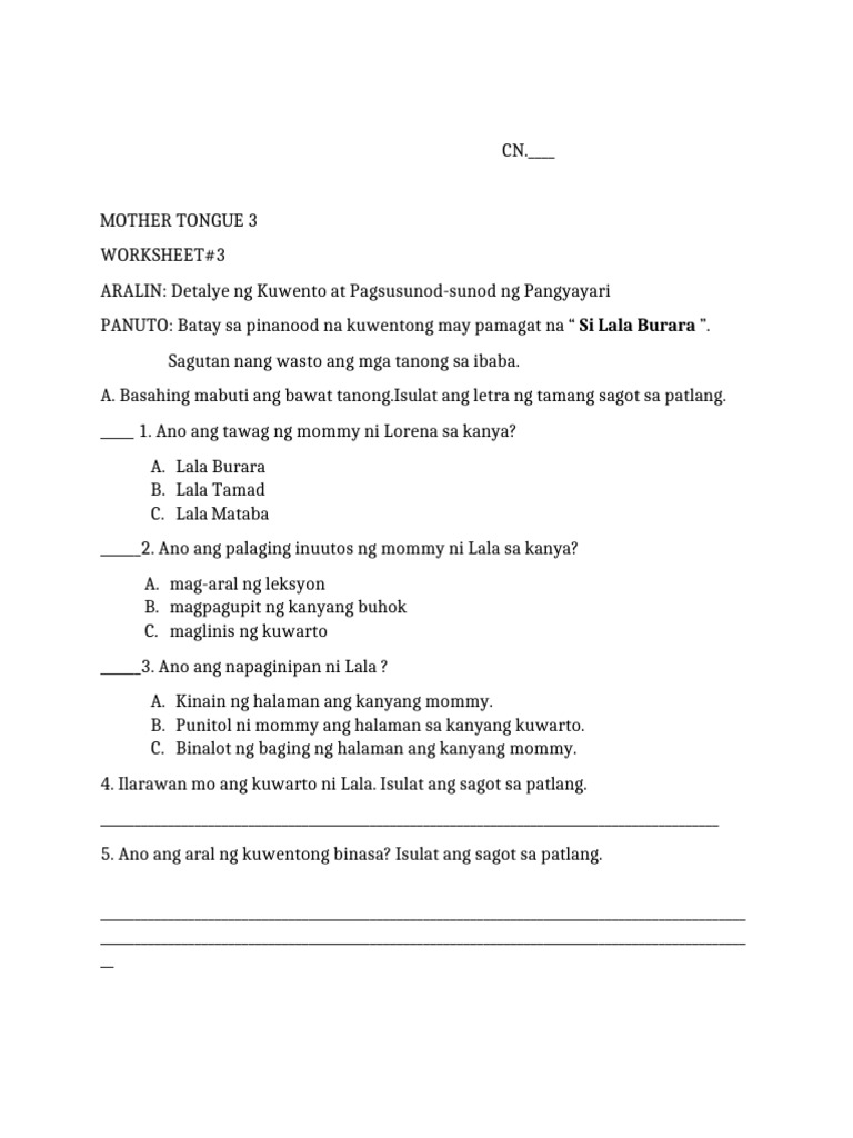 Worksheet3 - Detalye - at - Pangyayari 081220 | PDF