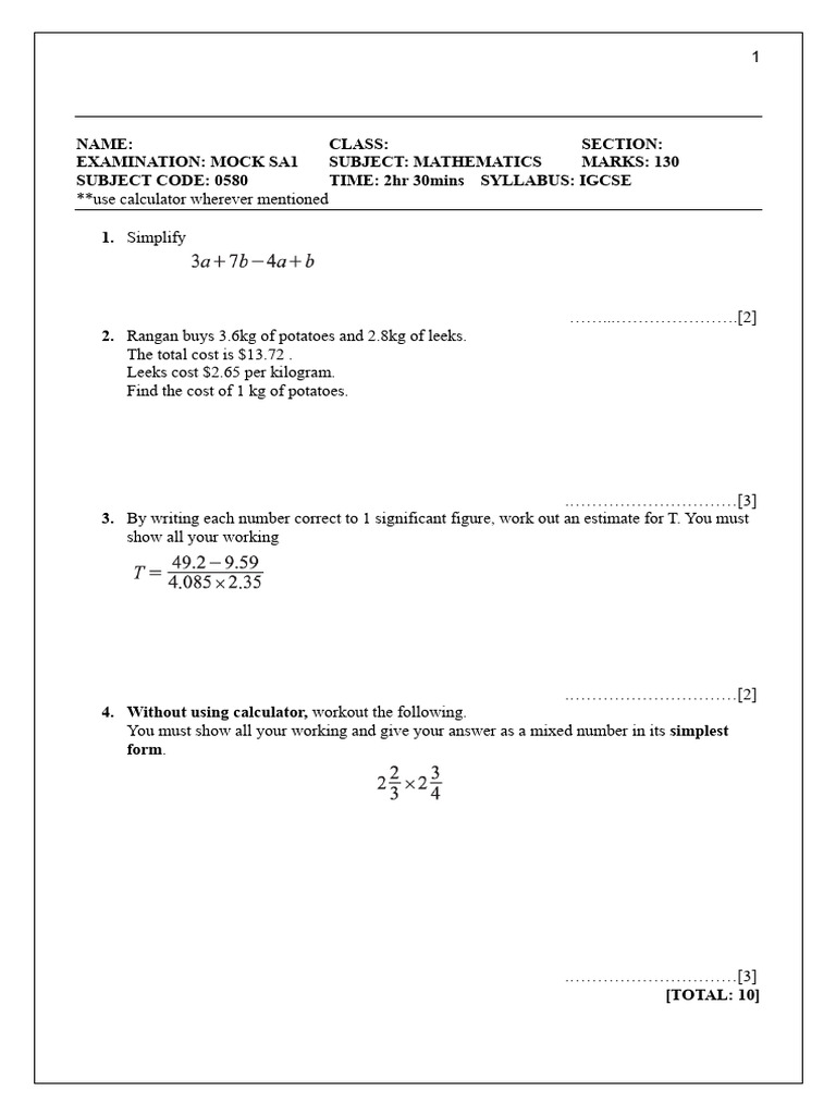 Mock Paper Examination - Mathematics - Sa1 | PDF