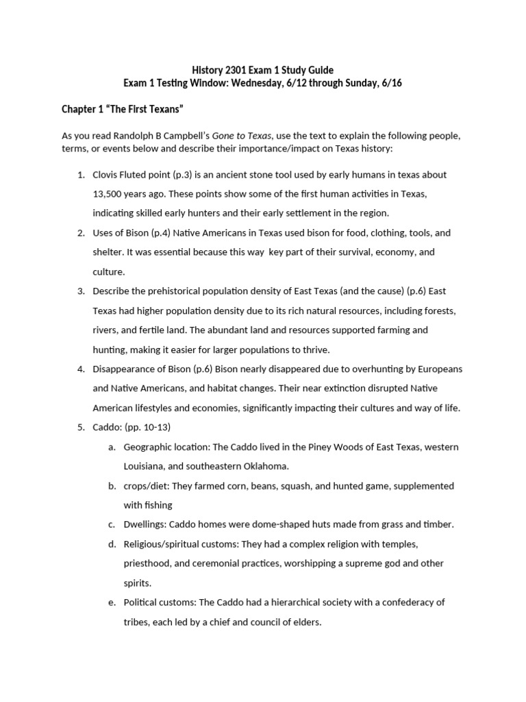 History 2301 Exam 1 Study Guide-1 | PDF