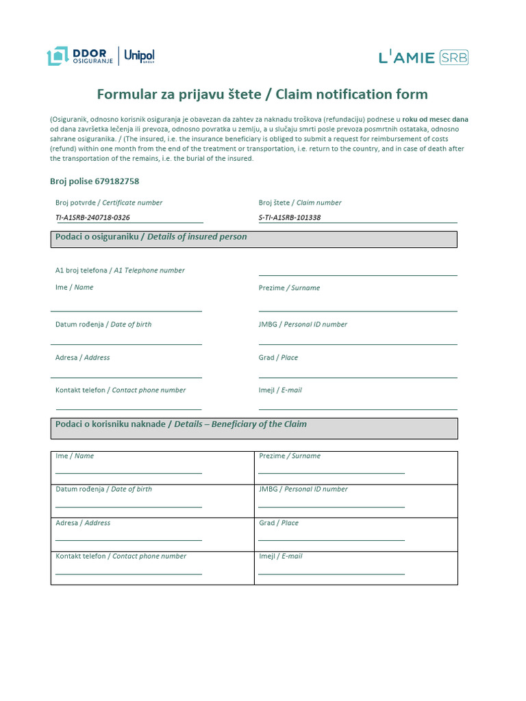 Refundacija Obrazac Za Prijavu Štete - ALEKSANDAR TODOROVIĆ | PDF