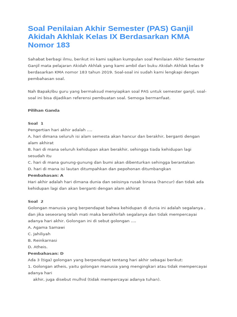 Soal Penilaian Akhir Semester AA | PDF