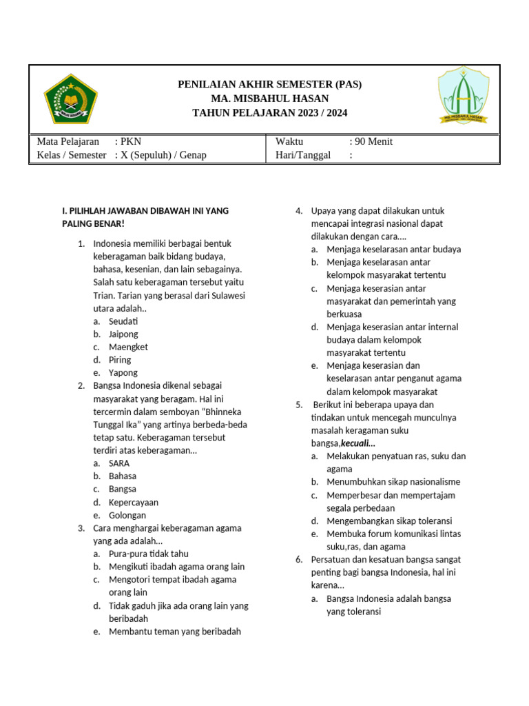 Soal PKN Kls X 2024 | PDF | Identity Politics | Social Science