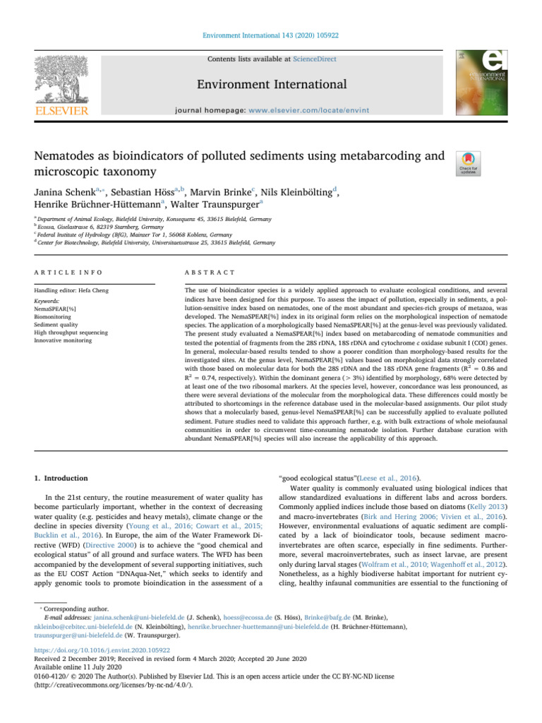 Schenk Et Al., 2020 - Nematodes As Bioindicators Metabarcoding + Micros ...
