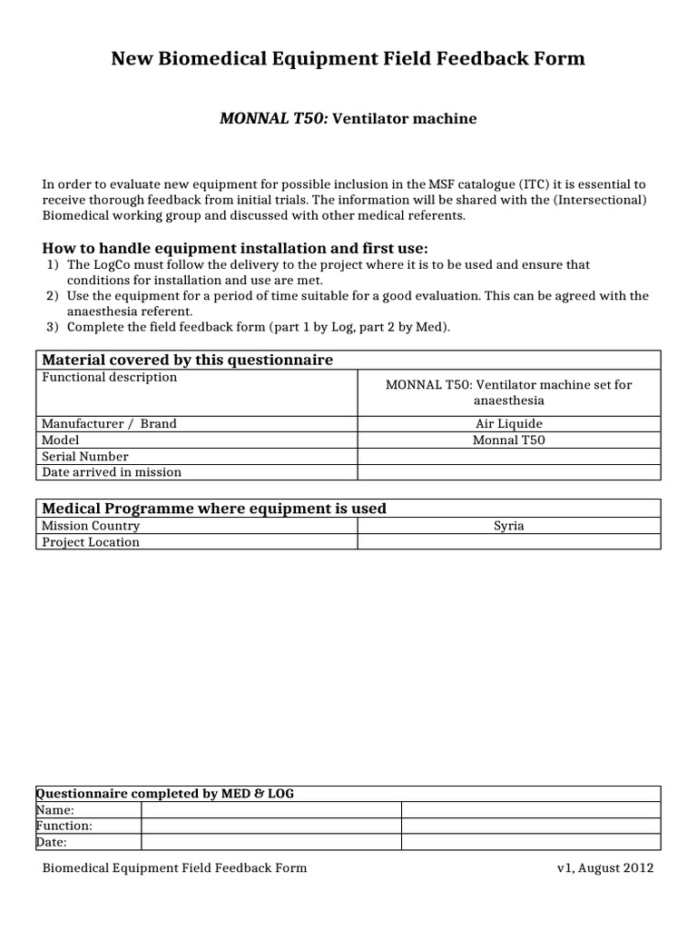 Biomedical Equipment Field Feedback Form - Monnal T50 | PDF
