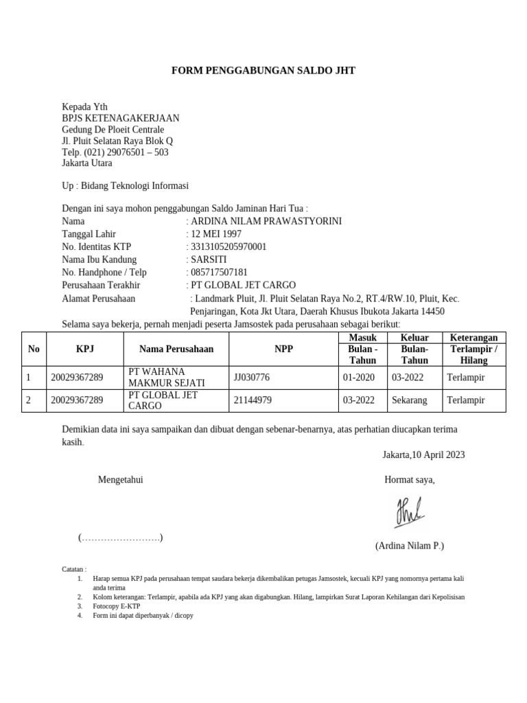 Form Penggabungan Saldo Jht | PDF