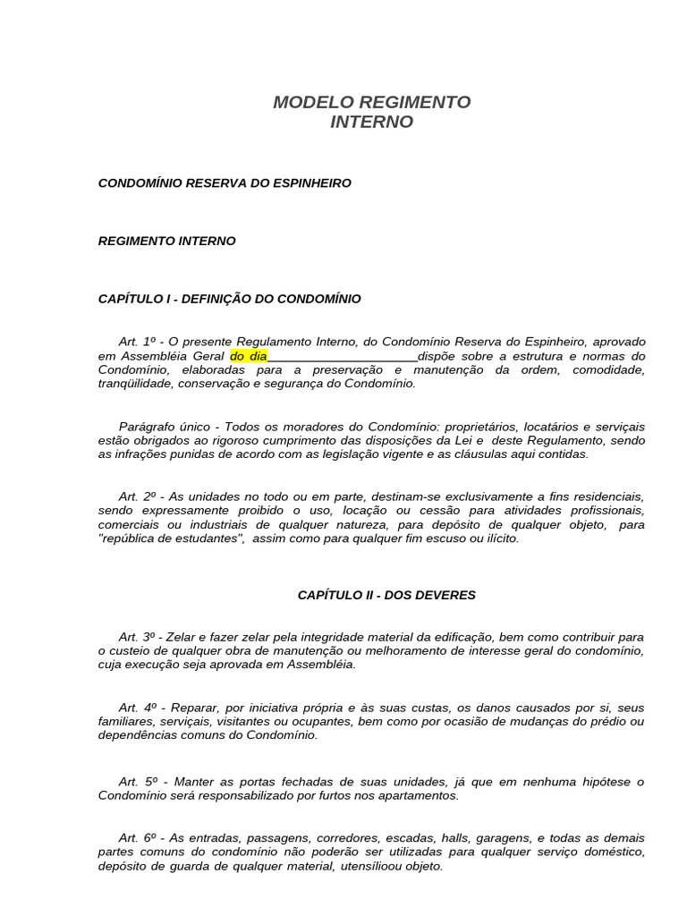 Modelo de Regimento Interno Da Reserva Do Espinheiro | PDF | Condomínio ...