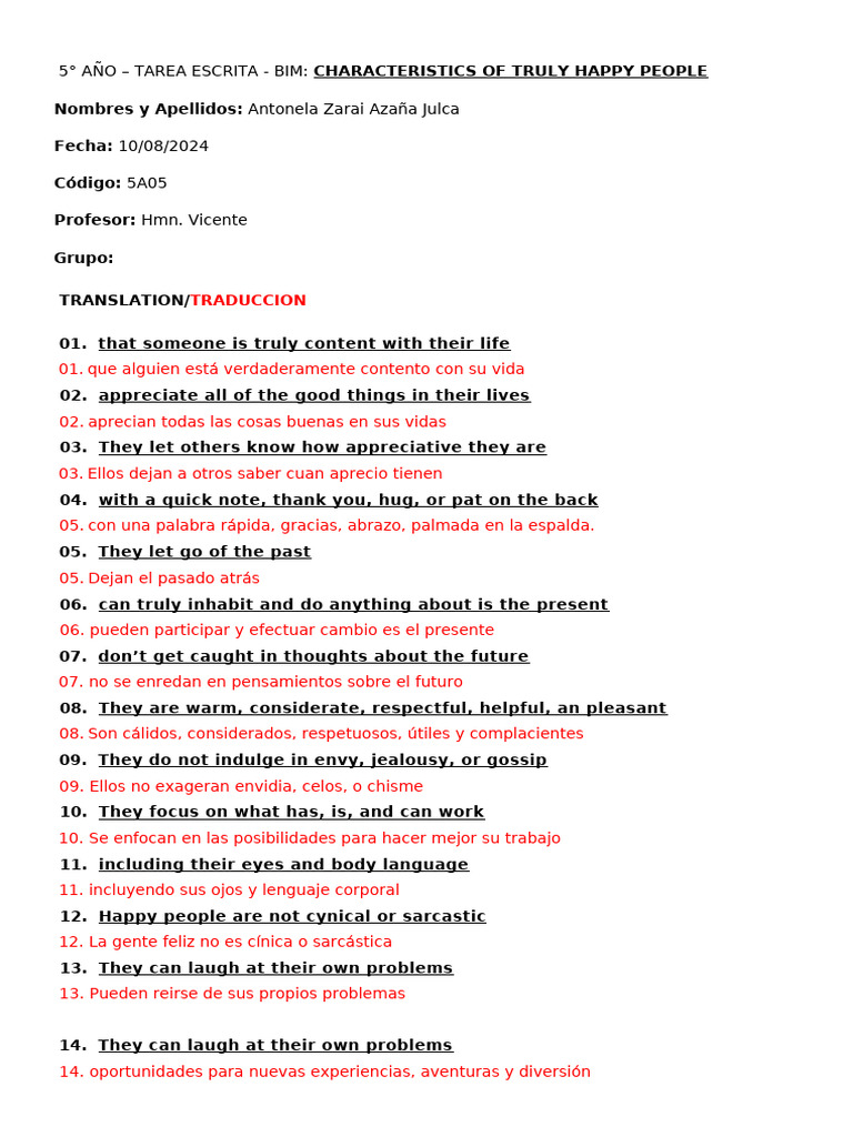 Separata 5° Año Tema 07 Characteristics of Truly Happy People | PDF