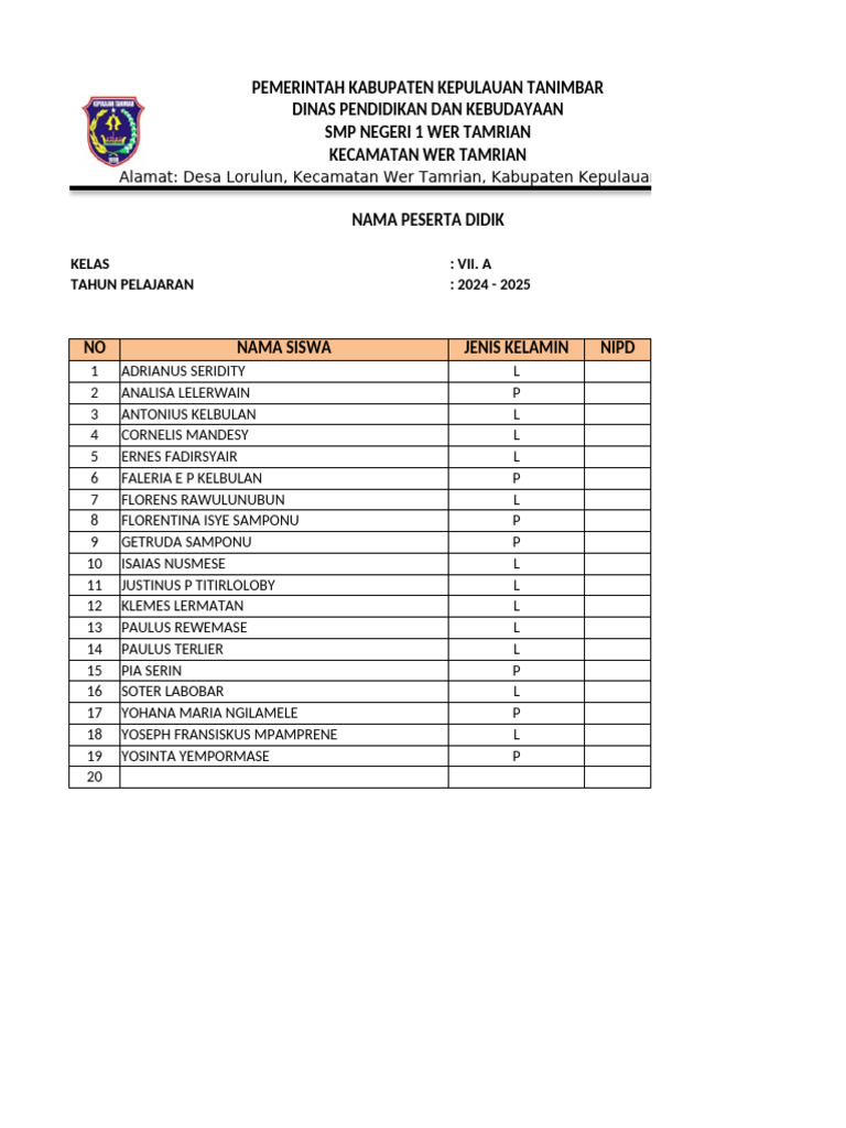 Daftar Nama Siswa T.P 2024-2025 | PDF