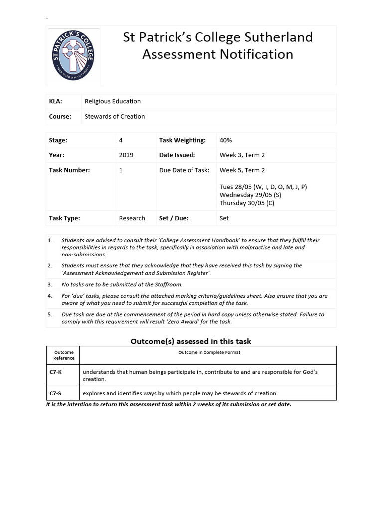 RE - TASK 1 2019 - Assessment Notification | PDF