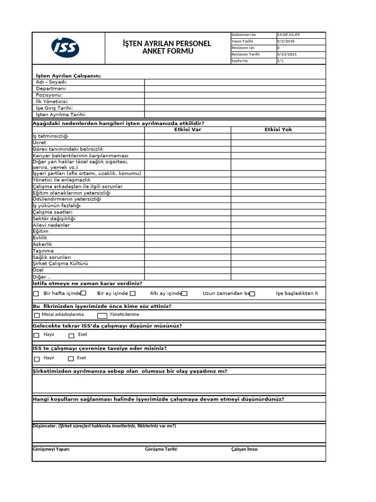 15.OF.01.09 İşten Ayrılan Personel Anket Formu | PDF