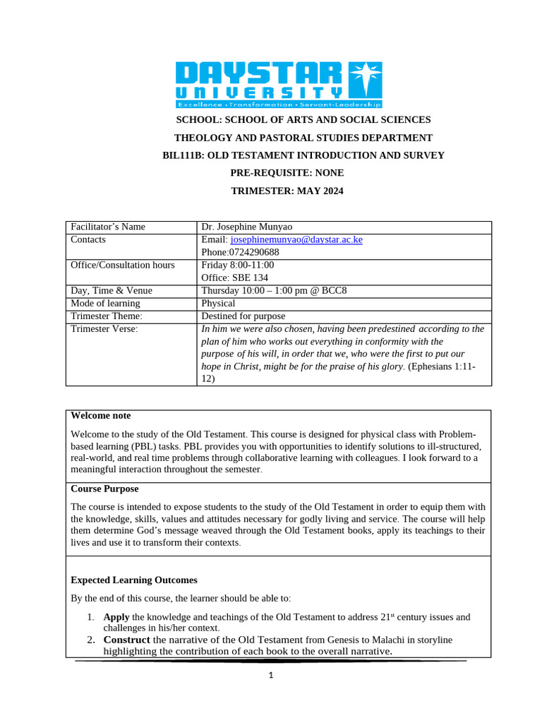 BIL111 Course Outline May Semester 2024 Revised | PDF