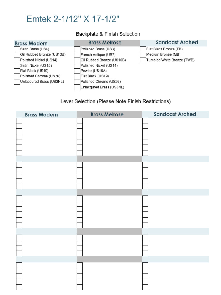 Emtek Large Plate Order Checklist | PDF