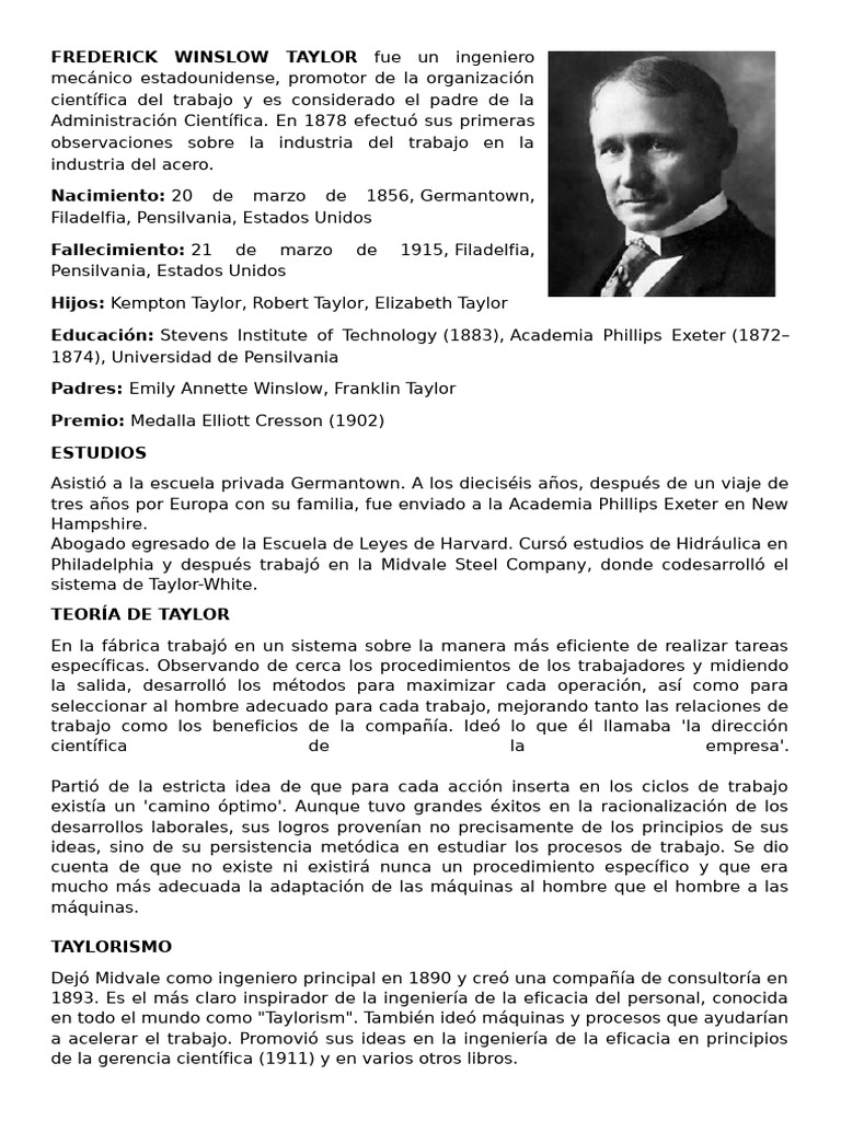 FREDERICK WINSLOW TAYLOR Fue Un Ingeniero Mecánico Estadounidense | PDF