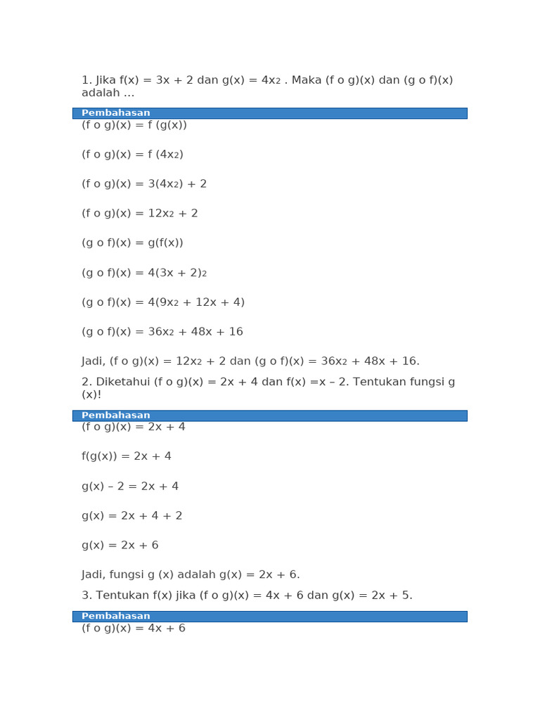 Jika F X 3x 2 Dan G X 4x Maka F O G X Dan G O F X