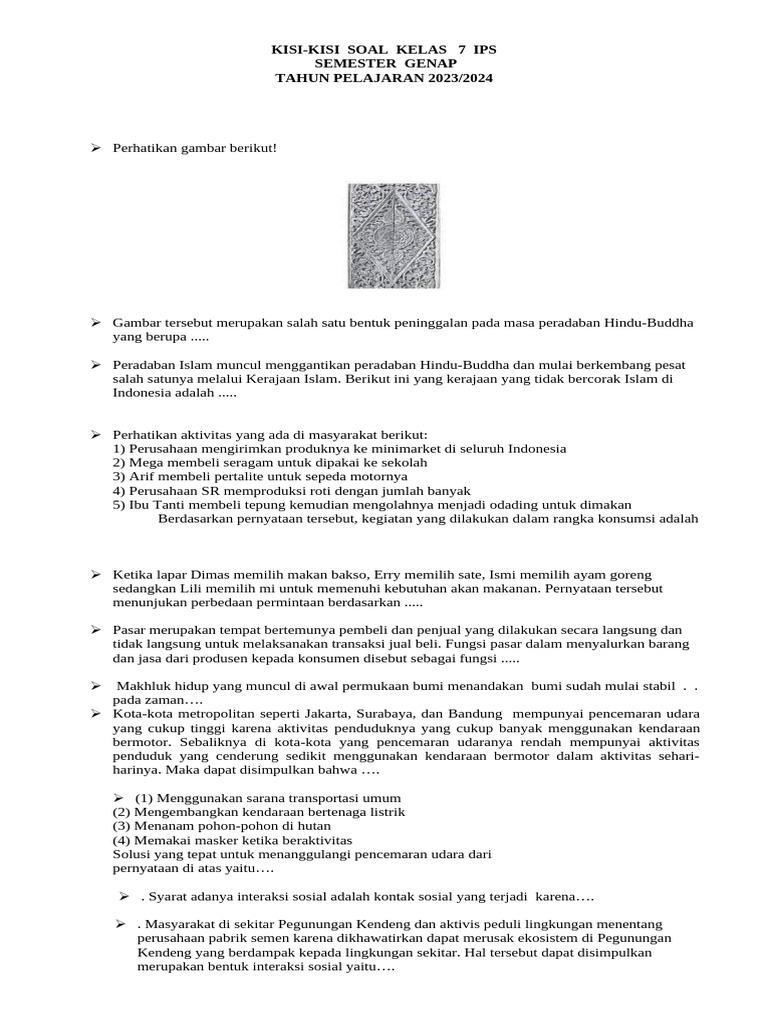KISI-KISI Soal Semester 2 Kelas 7 IPS JUNI 2024. Ok | PDF